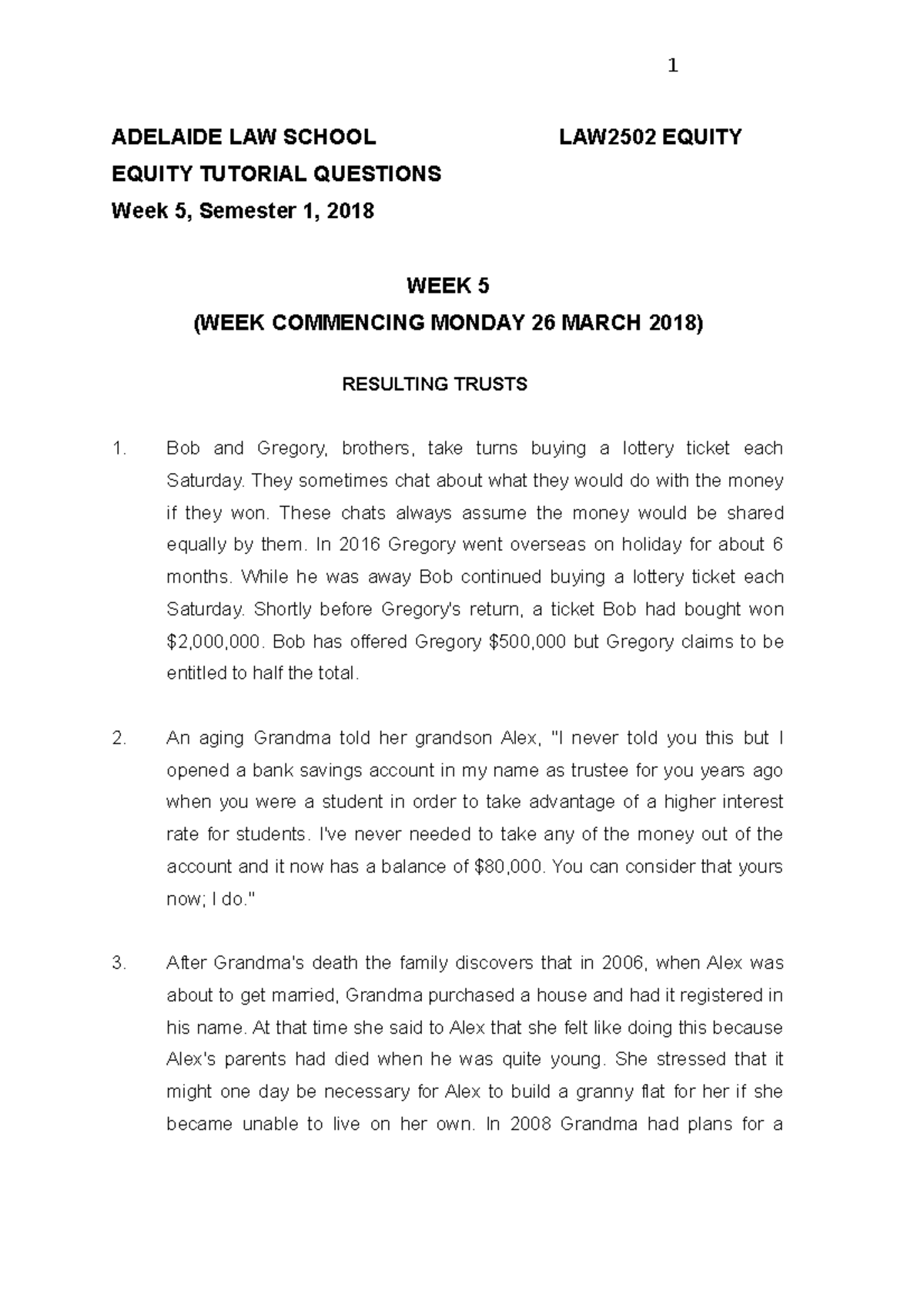 My Uni Week 5 Tutorial Questions - Resulting Trusts - (LAW2502 Equity ...