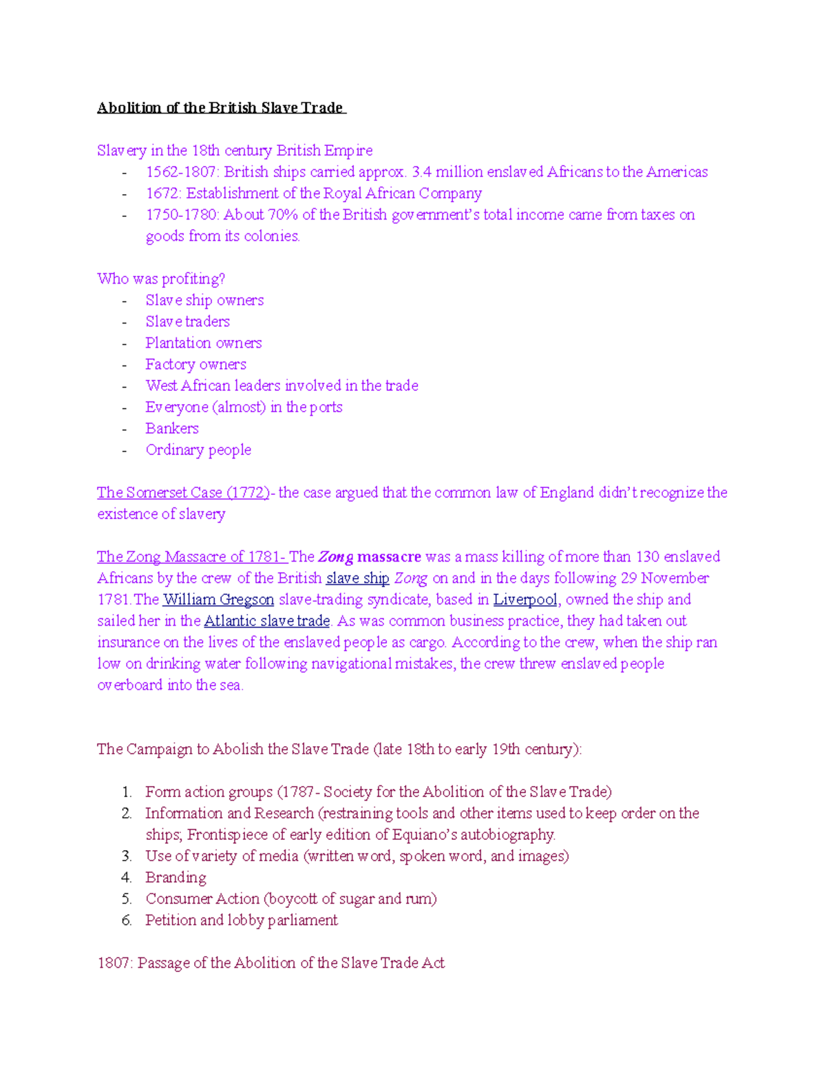 HIST 2312 notes sept 27th and 29th - Abolition of the British Slave ...