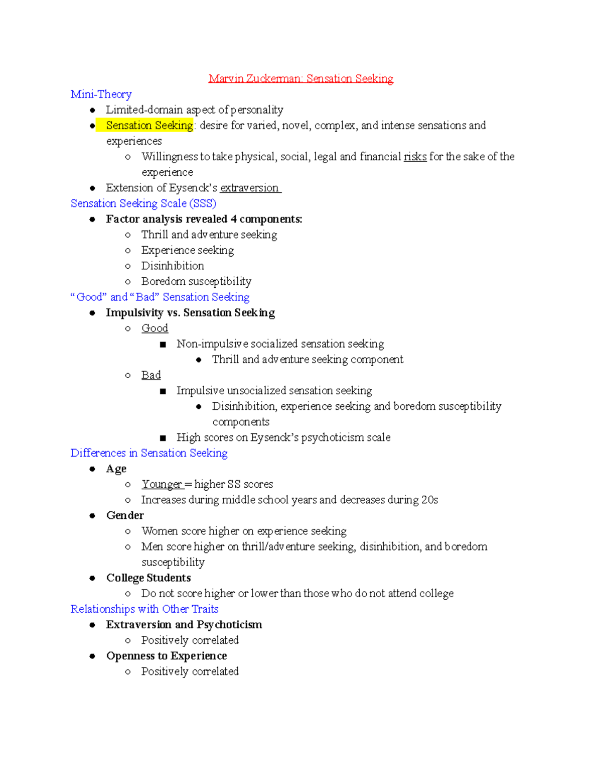 Marvin Zuckerman Sensation Seeking - Marvin Zuckerman: Sensation Seeking Mini-Theory - Studocu