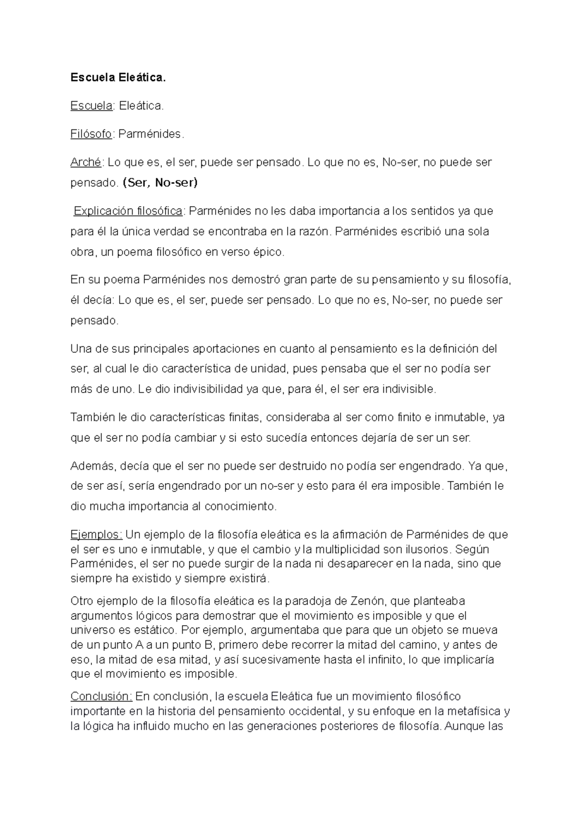 Documento 9 - Escuela Eleática. Escuela: Eleática. Filósofo: Parménides ...