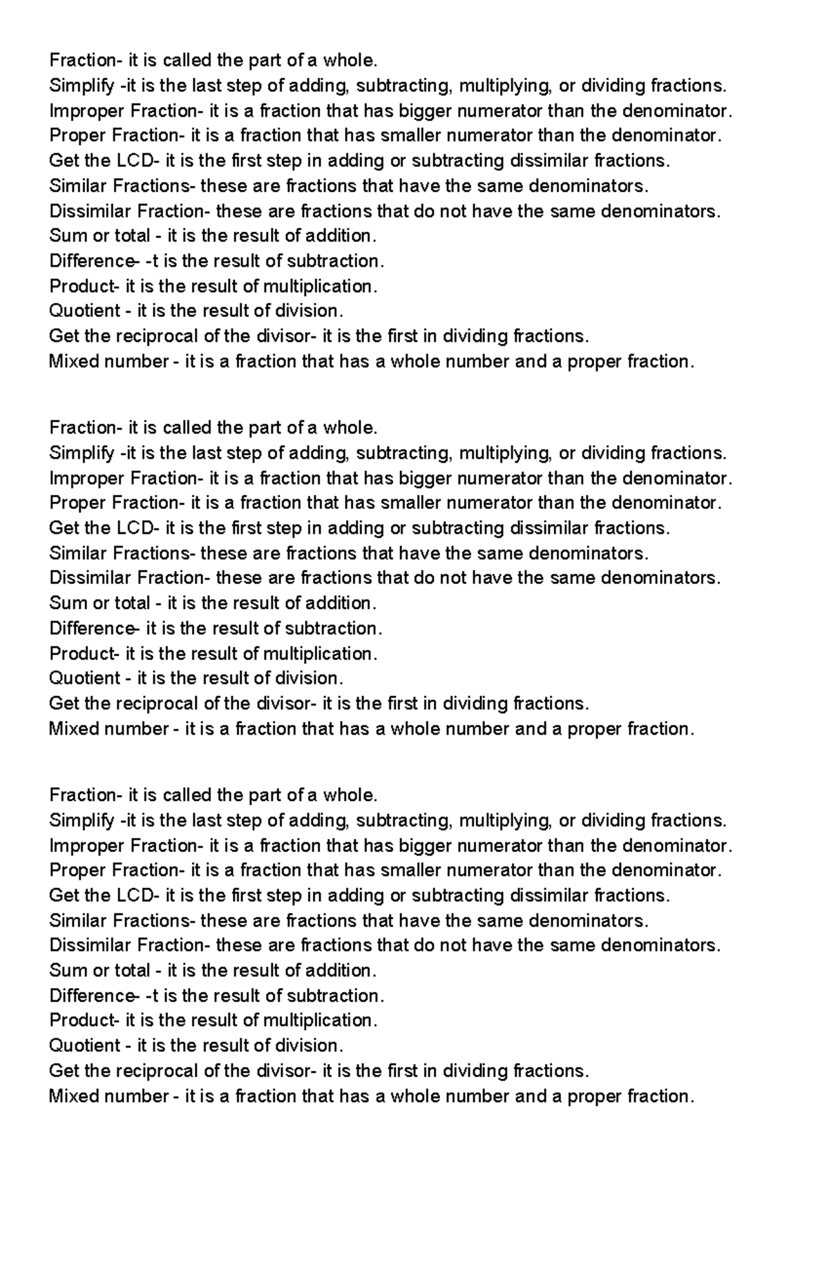 MATH FACT Sheet - Fraction- it is called the part of a whole. Simplify ...