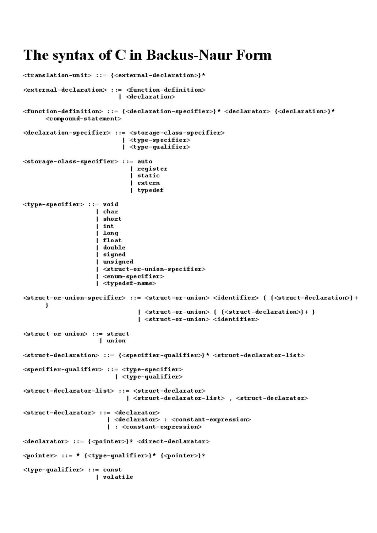BNF for C language - THe document for BNF. - The syntax of C in Backus-Naur Form ...