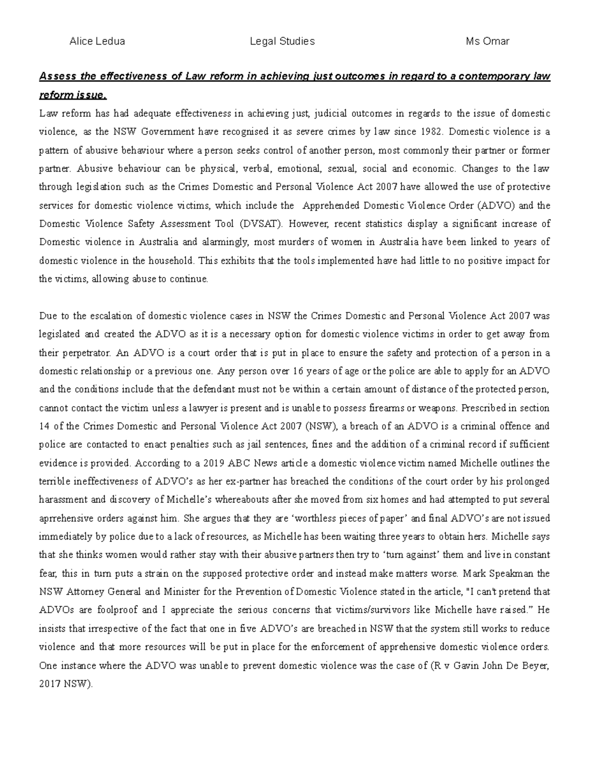 Law Reform In Action Essay Alice Ledua Legal Studies Ms Omar Assess