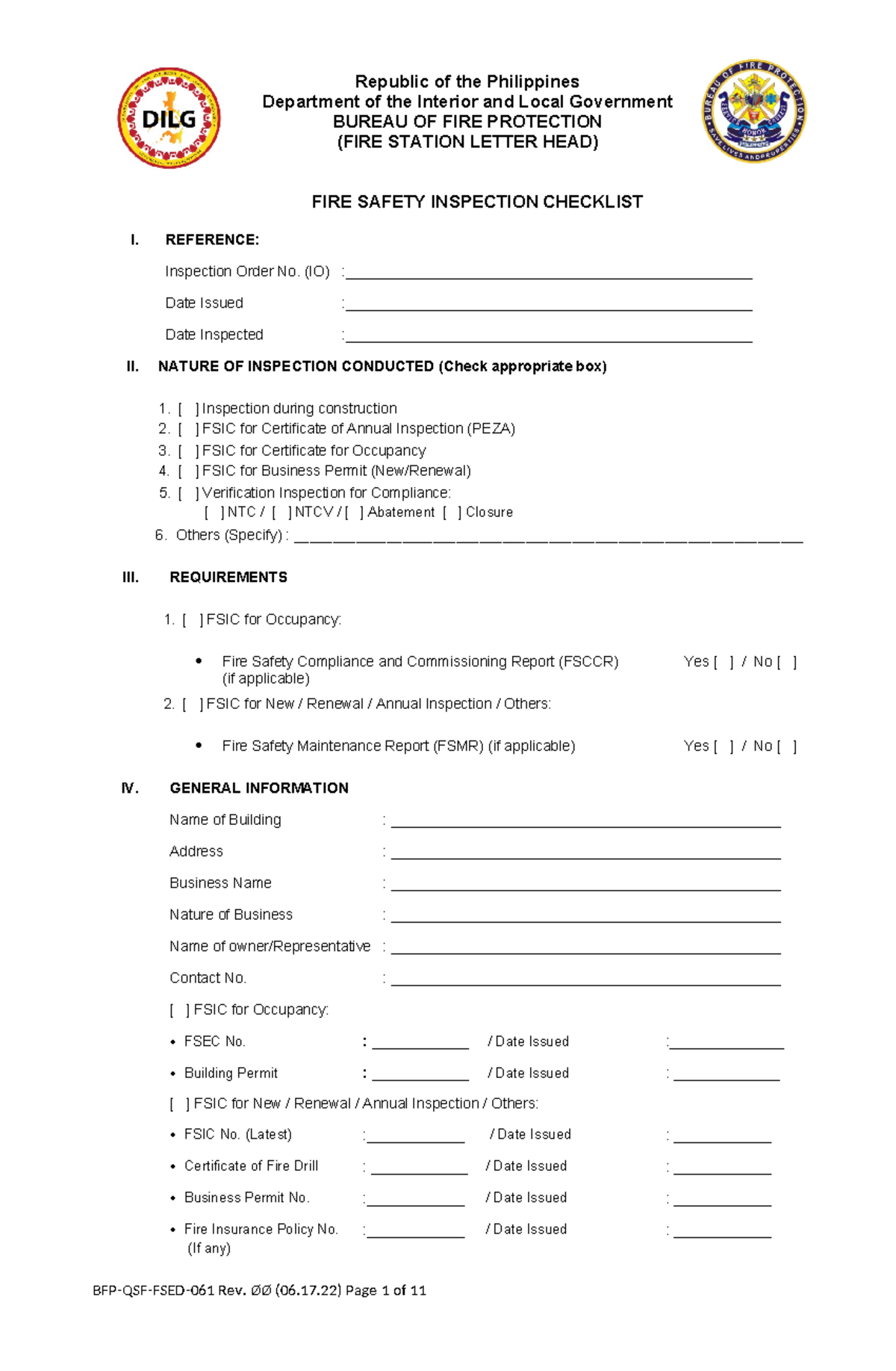 FSED 61F Fire Safety Inspection Checklist Rev - Department of the ...