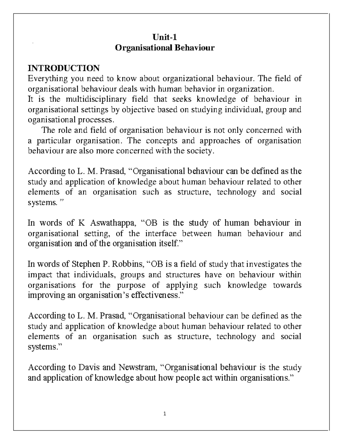 Introduction of OB unit 1 - Unit- 1 Organisational Behaviour ...