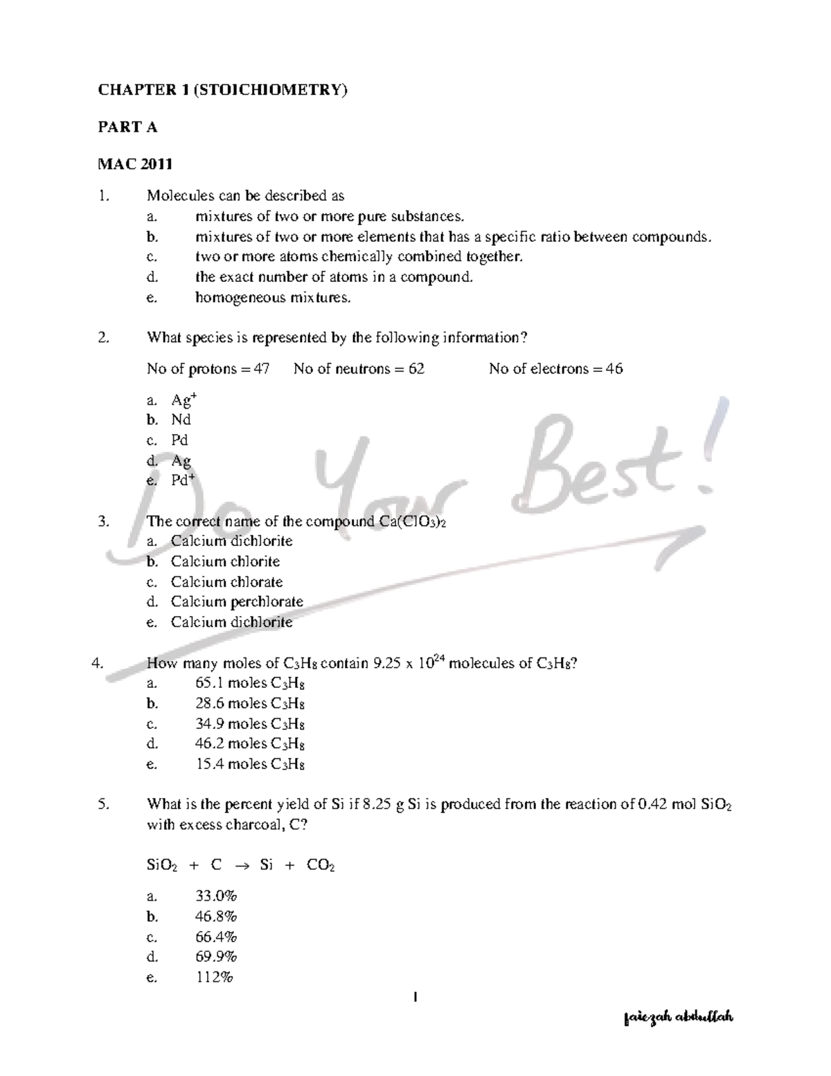 PAST YEAR QUESTIONS CHEMISTRY - Foundation In Chemistry - UiTM - Studocu