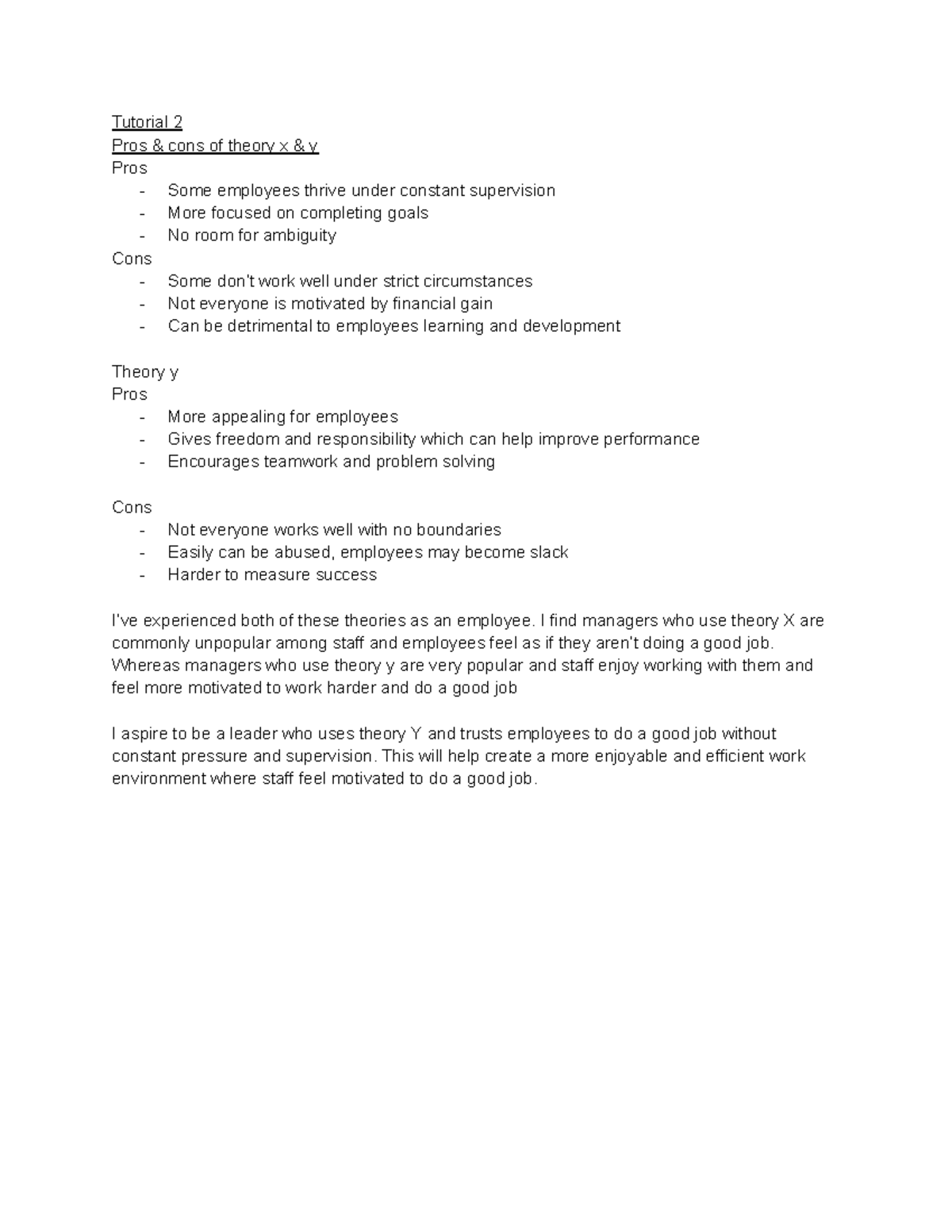 P&O tutorial work - tut 2 work - Tutorial 2 Pros & cons of theory x & y ...