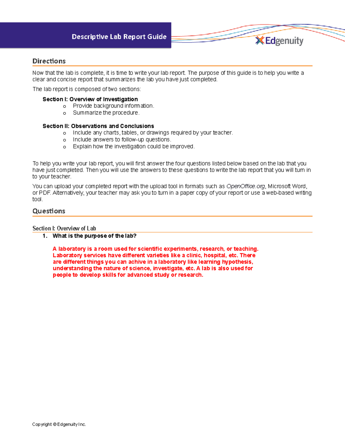 Descriptive Lab Report Guide ( Answer) - Directions Now that the lab is ...