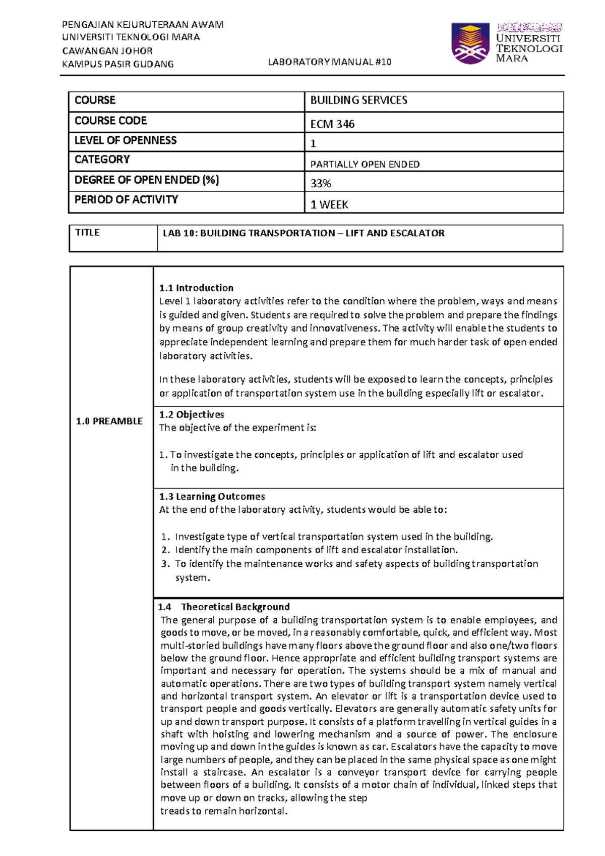 ECM346 Level 1 Building Transportation System - PENGAJIAN KEJURUTERAAN ...