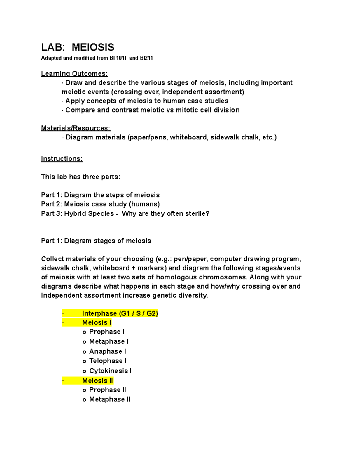Meiosis and mitosis lab - LAB: MEIOSIS Adapted and modified from BI ...