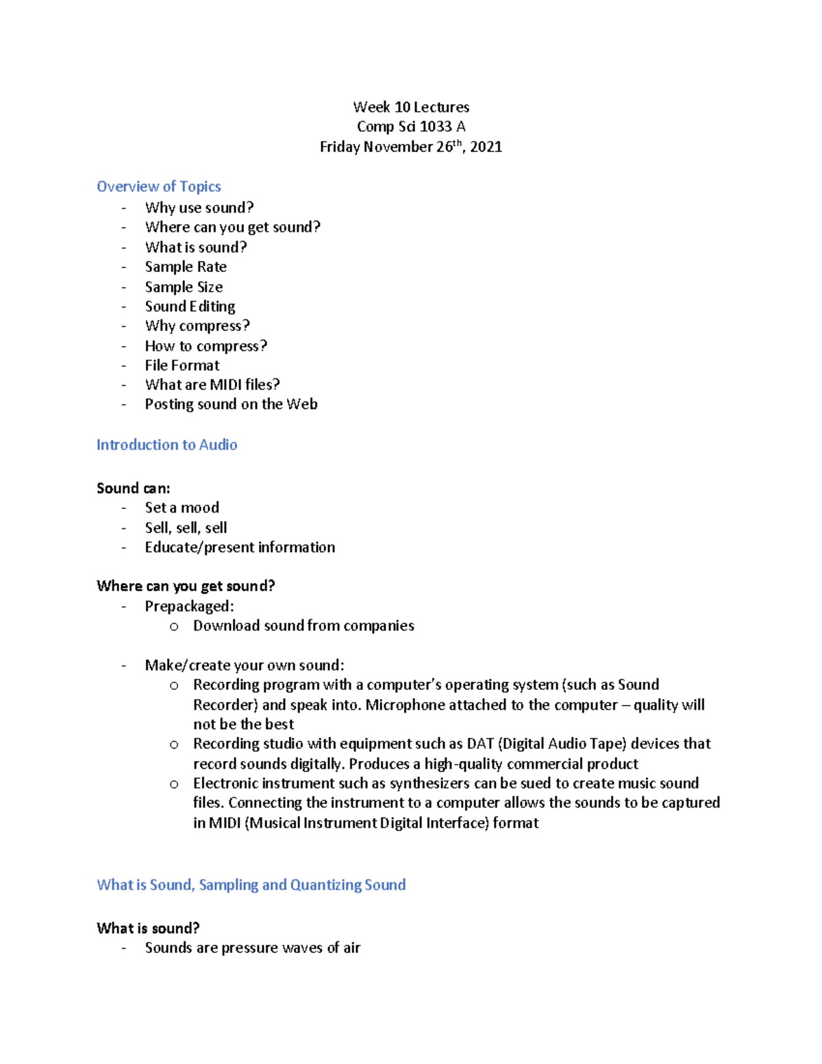 Week 10 Lectures - week 10 notes - Week 10 Lectures Comp Sci 1033 A ...