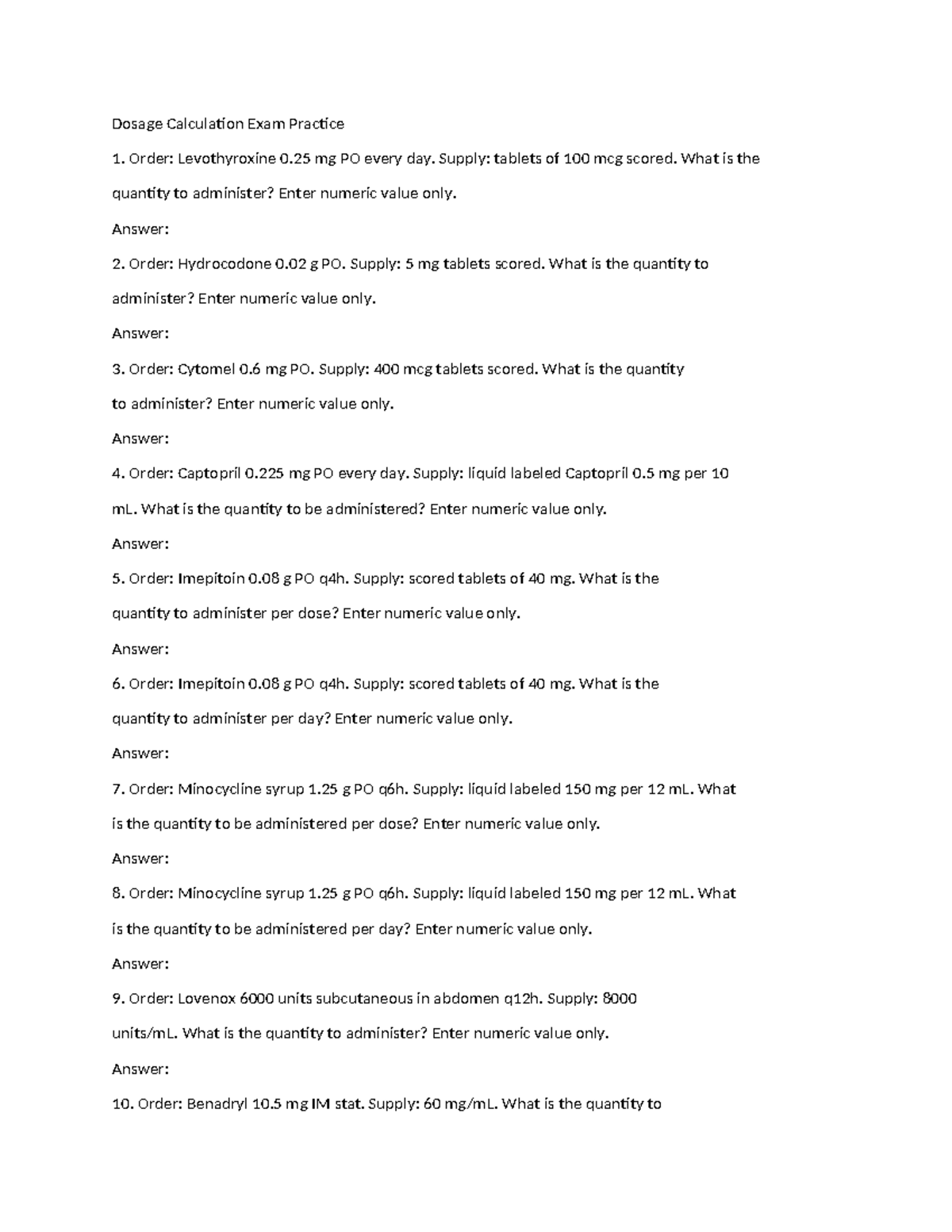 Dosage Calculation Exam Practice Questions Student - Dosage Calculation ...
