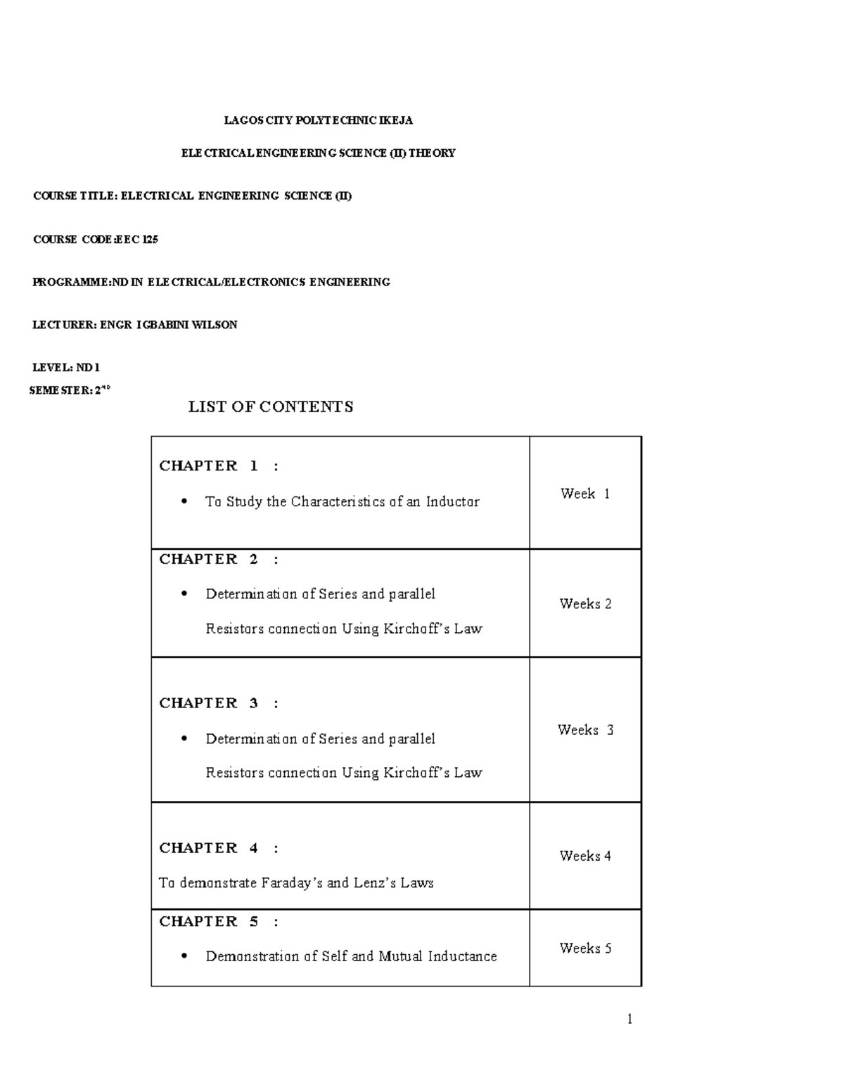 EEC-125 - Electrical electronic 2 - 1 LAGOS CITY POLYTECHNIC IKEJA ELECTRICAL ENGINEERING ...