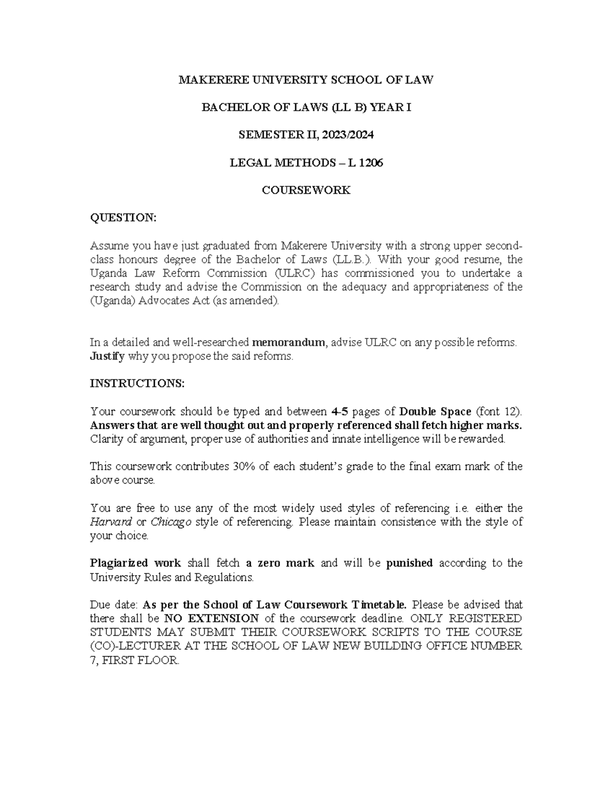 Legal Methods Coursework 2024 - MAKERERE UNIVERSITY SCHOOL OF LAW ...