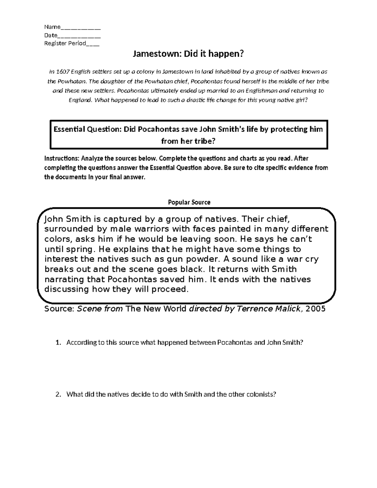 Jamestown - Did it happen 2 - Name____________ Date ...