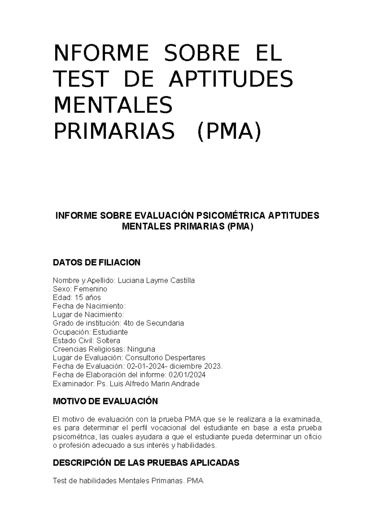 Informe Luciana - NFORME SOBRE EL TEST DE APTITUDES MENTALES PRIMARIAS ...