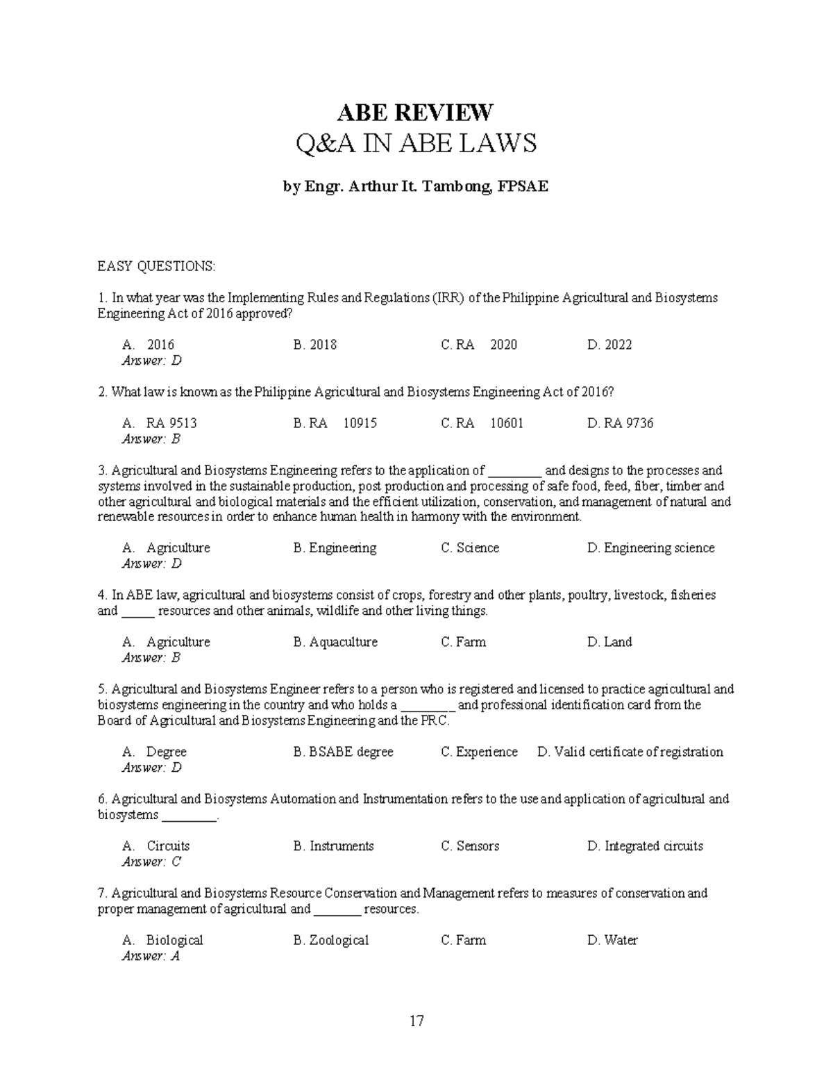 QA in ABE Laws Engr - ABE LAW - 17 ABE REVIEW Q&A IN ABE LAWS by Engr ...