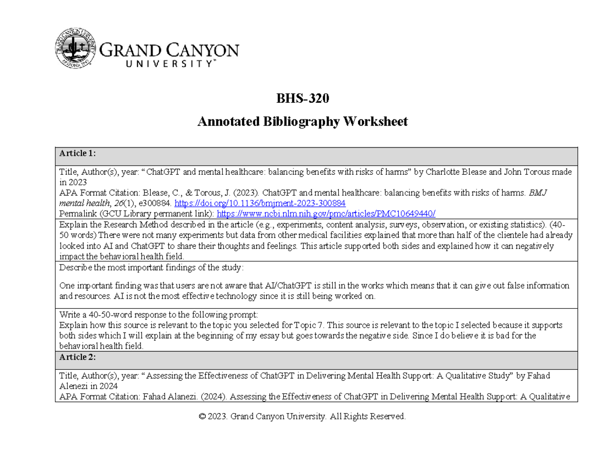 BHS-320Annotated Bibliography Worksheet by Ximena Guijarro - BHS ...