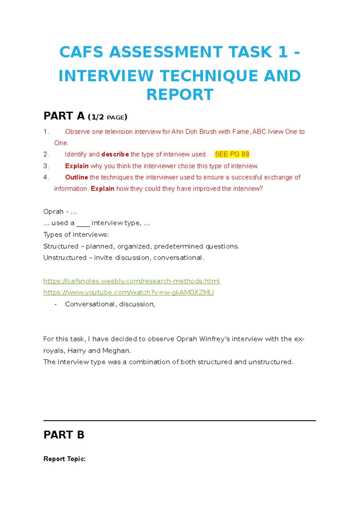 CAFS Assessment TASK 1 draft - CAFS ASSESSMENT TASK 1 - INTERVIEW ...
