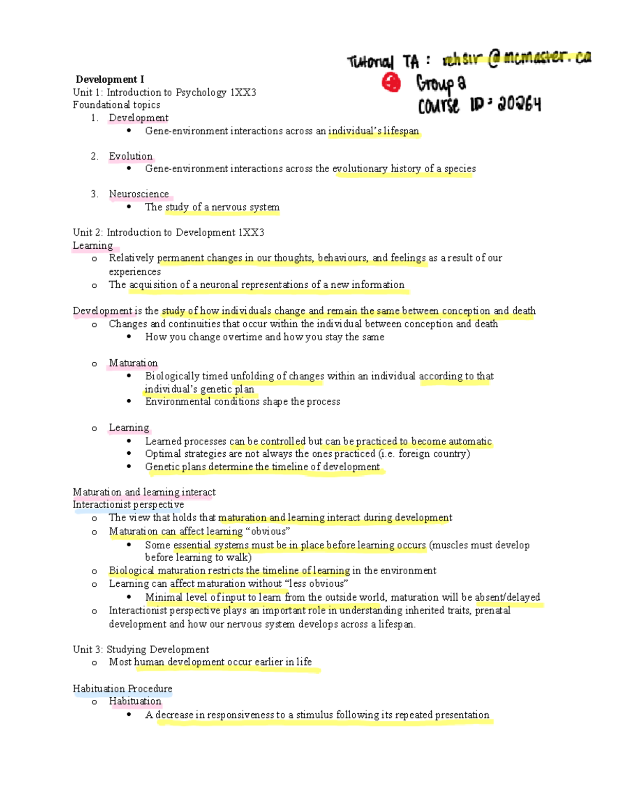 Psych 1XX3 Notes - Development I Unit 1: Introduction to Psychology 1XX ...
