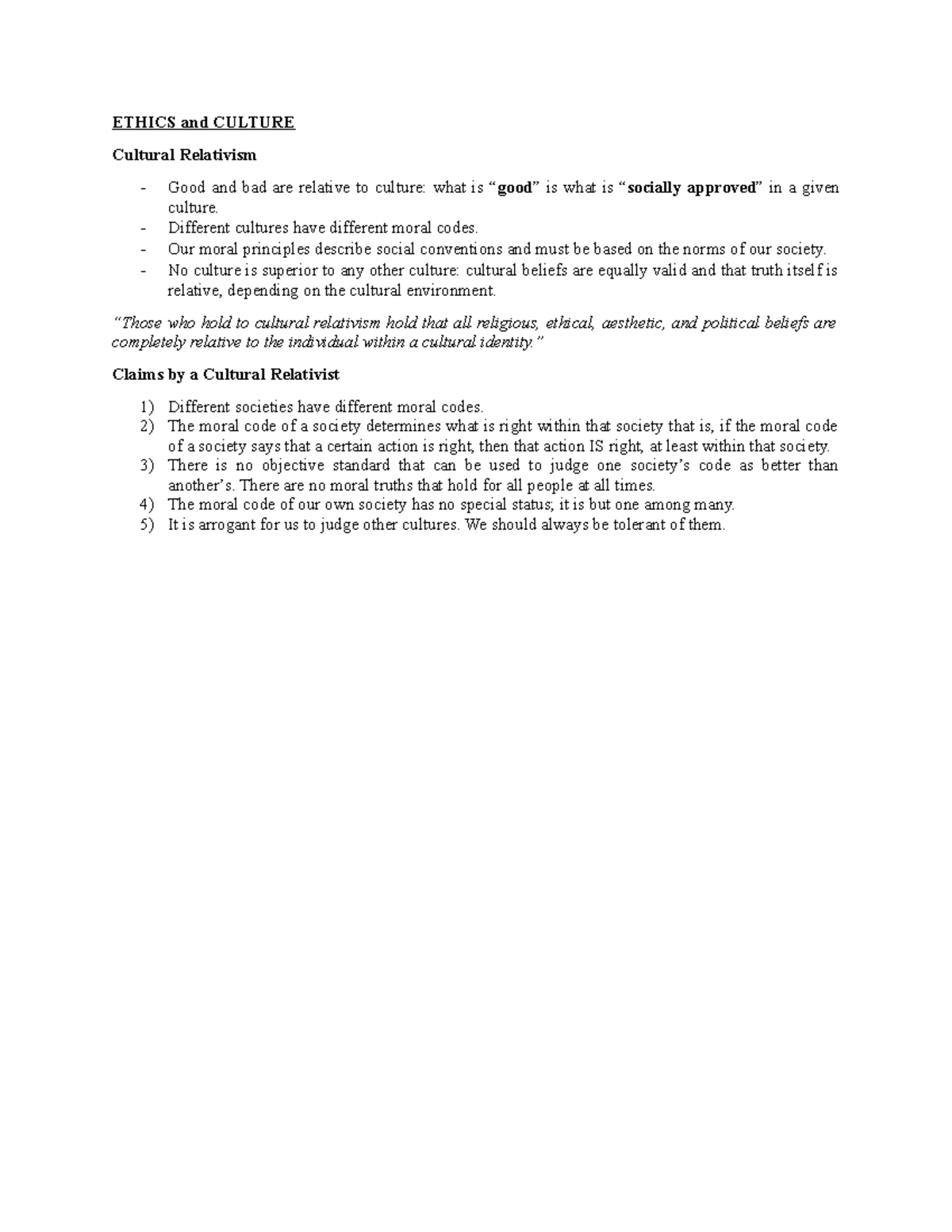 Ethics and Culture - Personal notes taken. - ETHICS and CULTURE ...