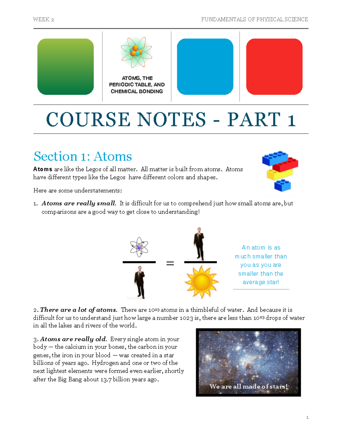 Week 2 Course Notes Physical Science - Section 1: Atoms Atoms are like ...