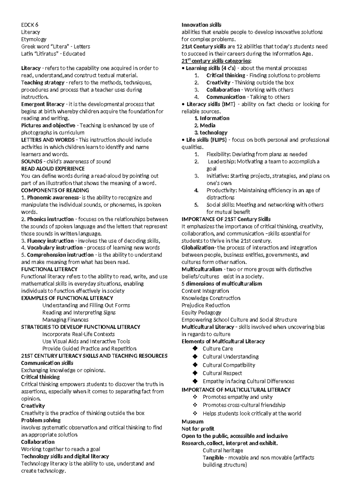 EDCK 6 reviewer - EDCK 6 Literacy Etymology Greek word “LItera ...