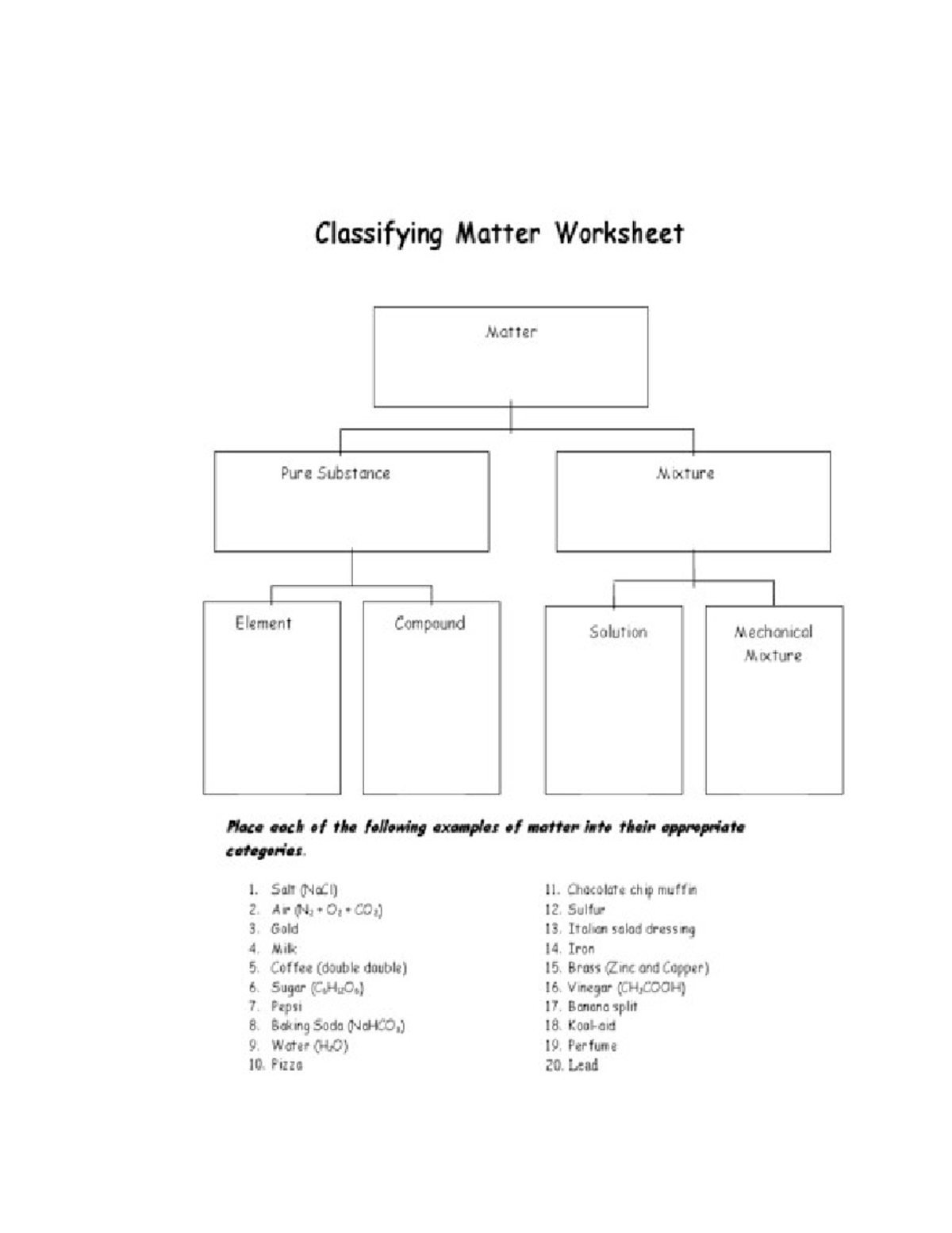 Gen - none - Classifying Matter Worksheet Matter Pure Substance Mixture ...