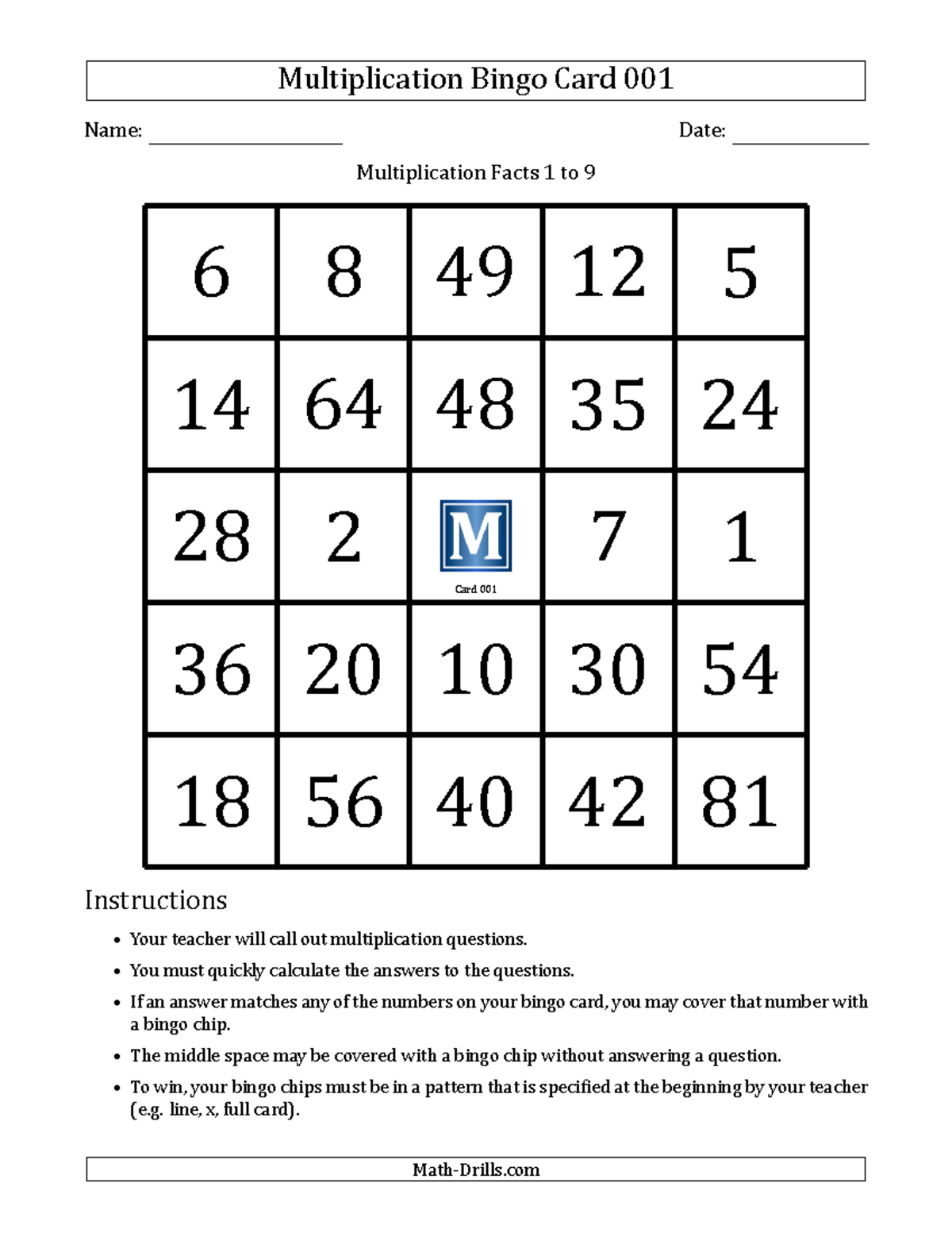Multiplication bingo facts 1to9 001 - Name: Date: Multiplication Facts ...