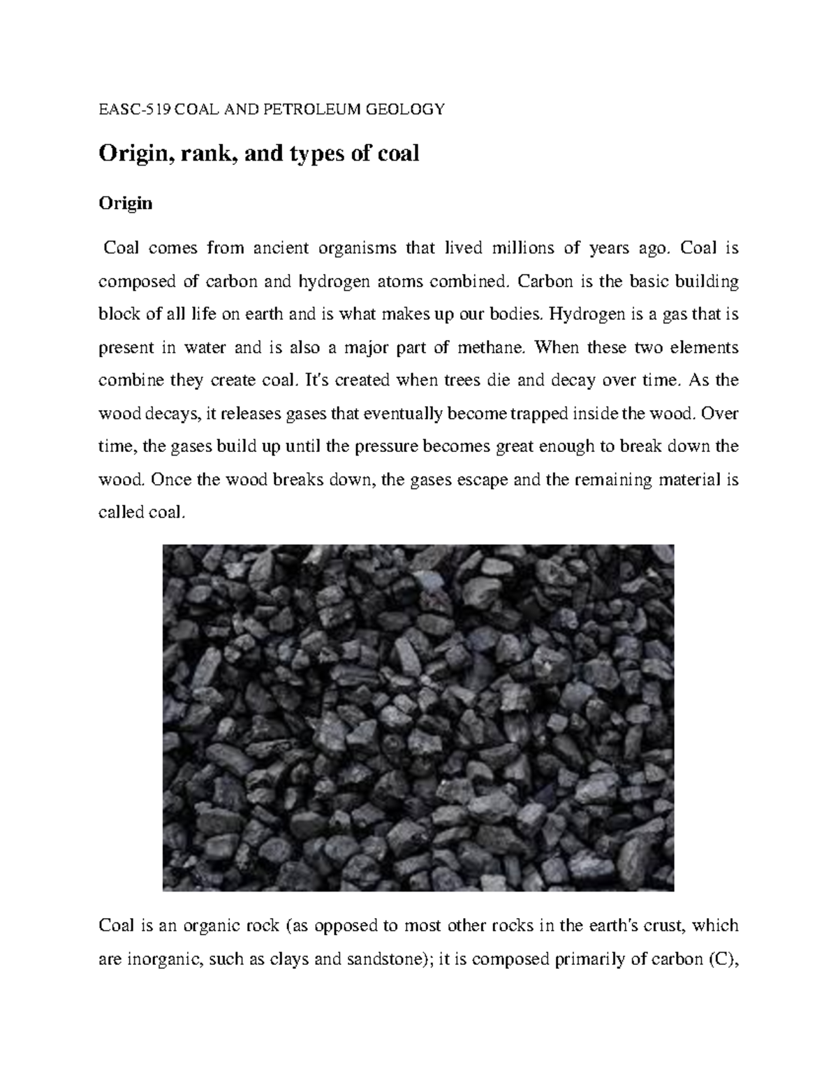 Origin, rank and types of coal - EASC-519 COAL AND PETROLEUM GEOLOGY ...