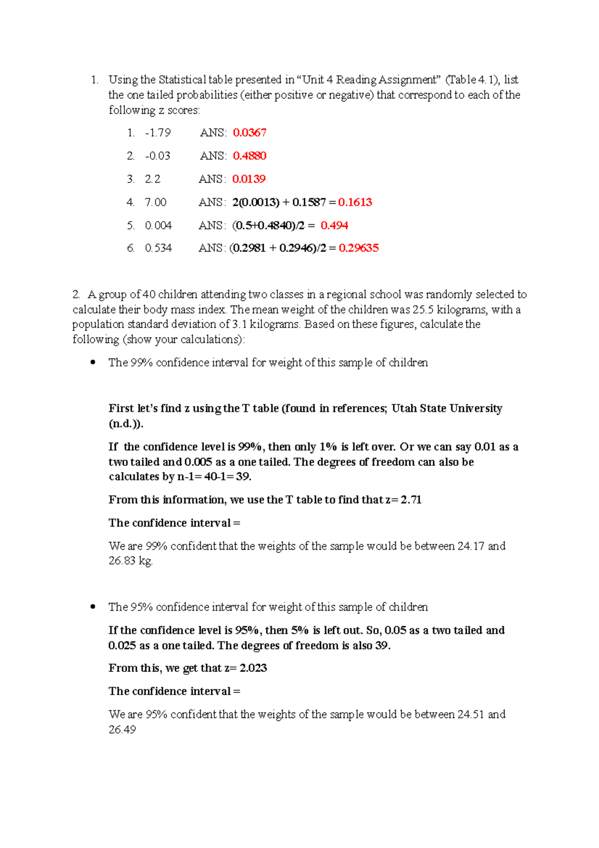 Wa biostatistics unit 4 - Using the Statistical table presented in ...