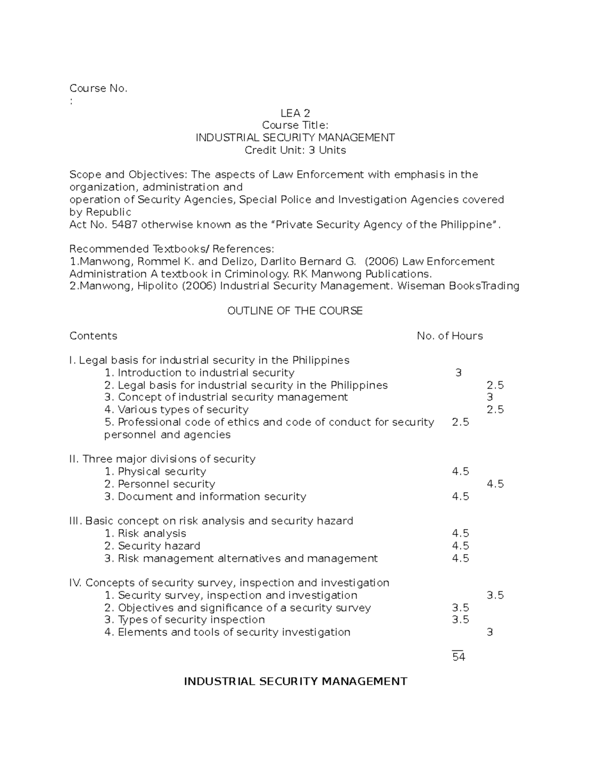 Lea 2 Notes Course No Lea 2 Course Title Industrial Security