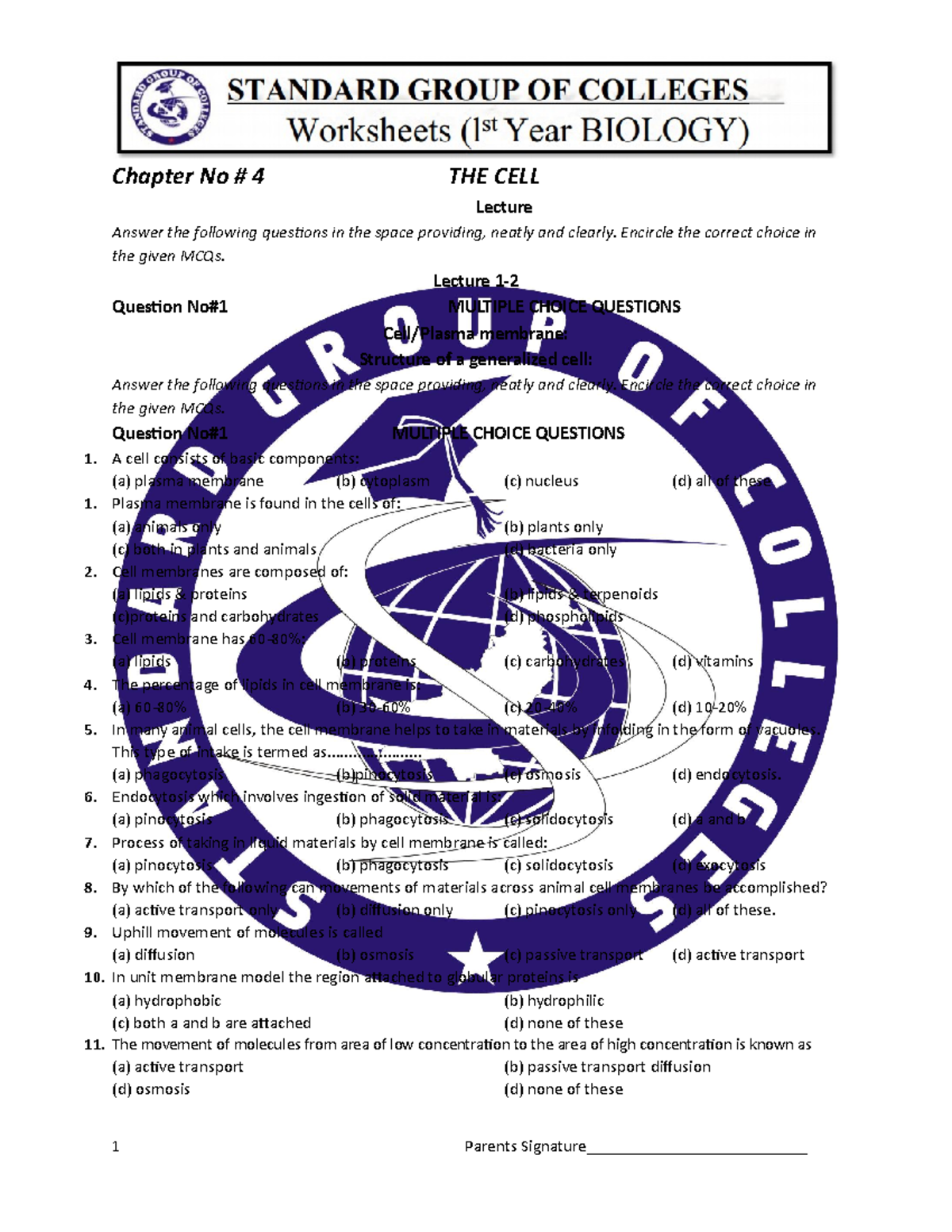 Biology worksheet(4th ch) - Chapter No # 4 THE CELL Lecture Answer the ...