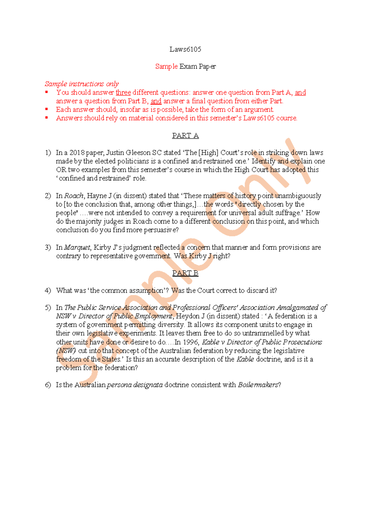 APL Exam Sample Paper ONLY - Laws Sample Exam Paper Sample instructions ...