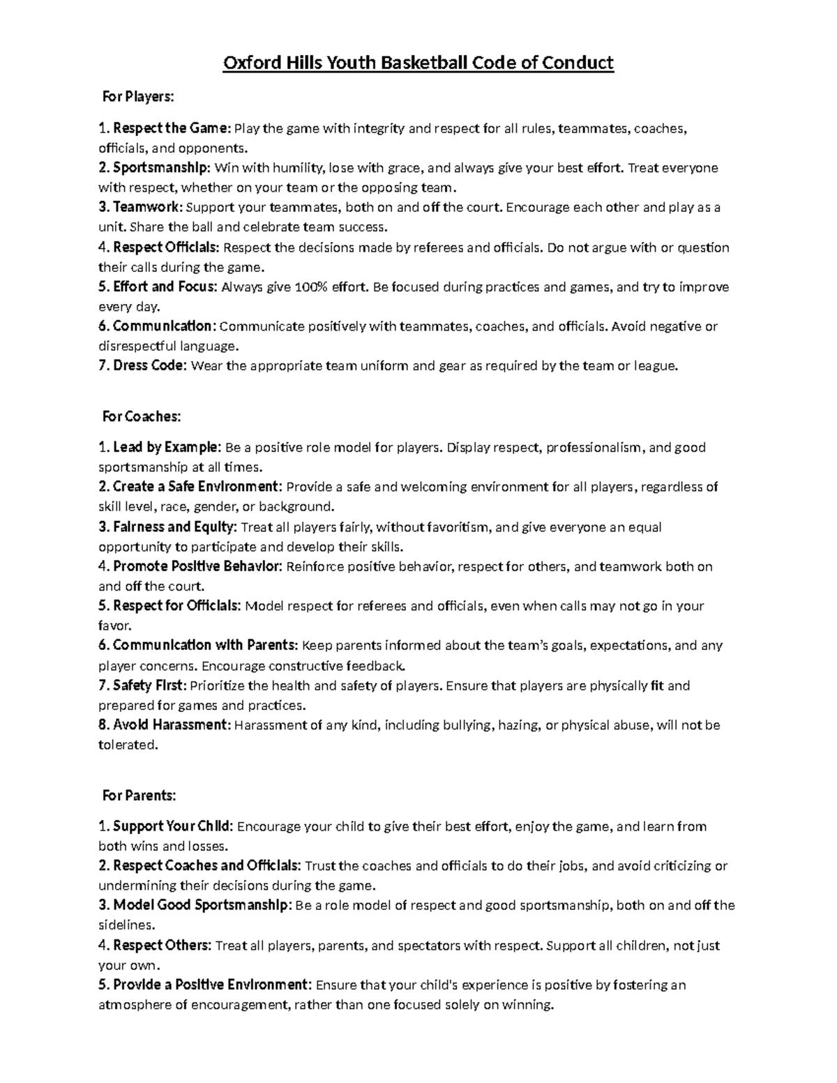 Oxford Hills Youth Basketball Code of Conduct - Sportsmanship: Win with ...