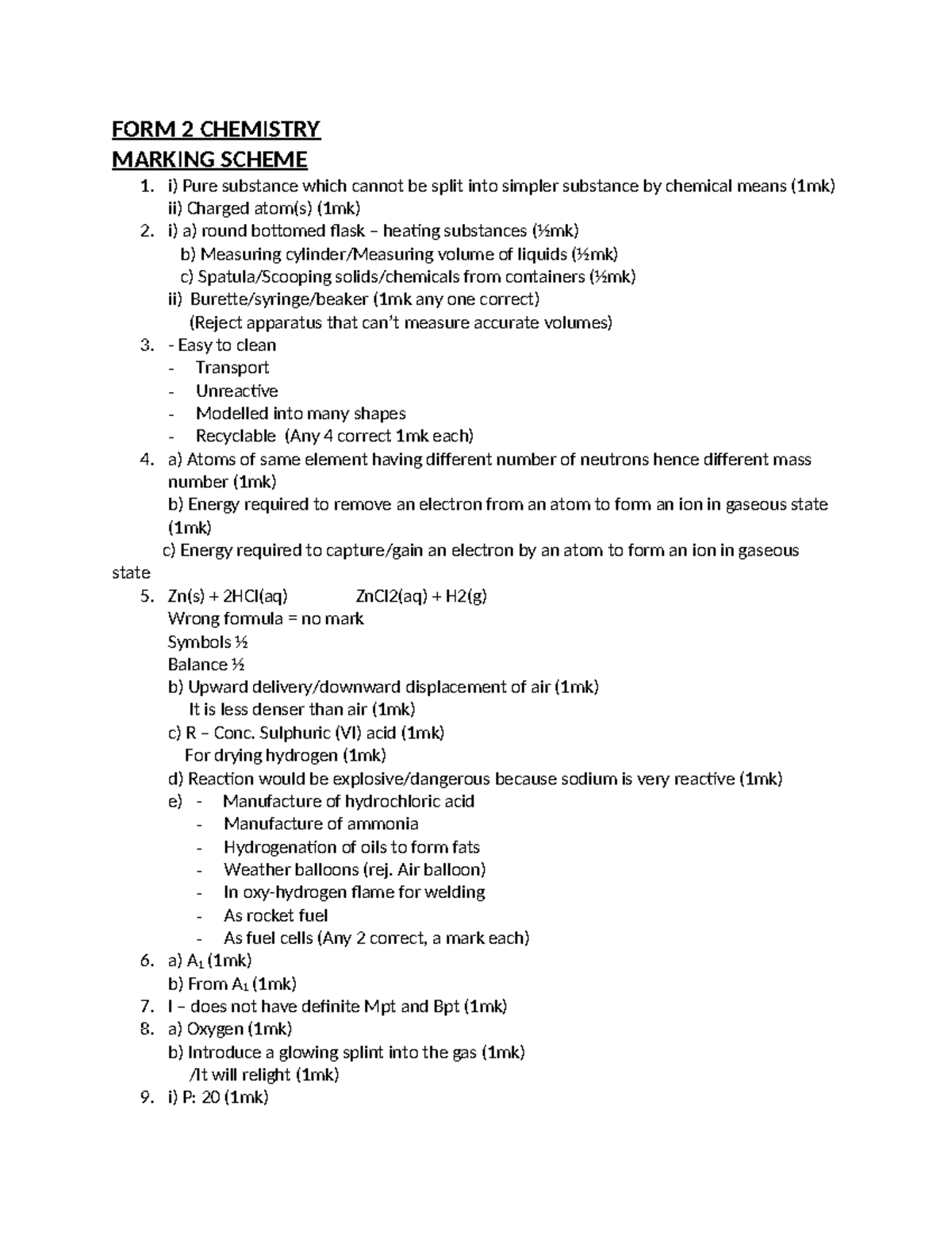 Chemistry F2 Marking Scheme - FORM 2 CHEMISTRY MARKING SCHEME 1. i ...