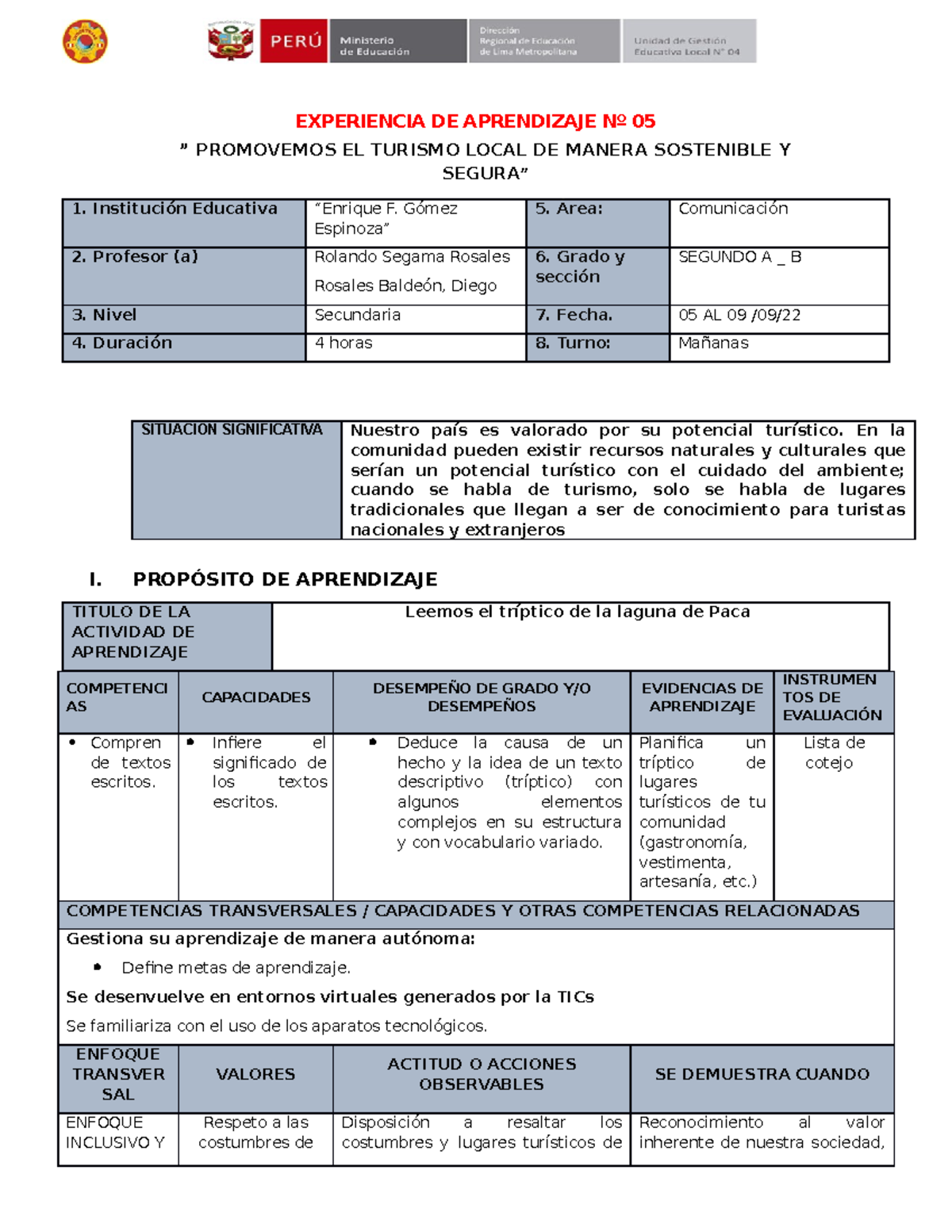 Sesión el triptico sesión - EXPERIENCIA DE APRENDIZAJE Nº 05 ” PROMOVEMOS EL TURISMO LOCAL DE ...