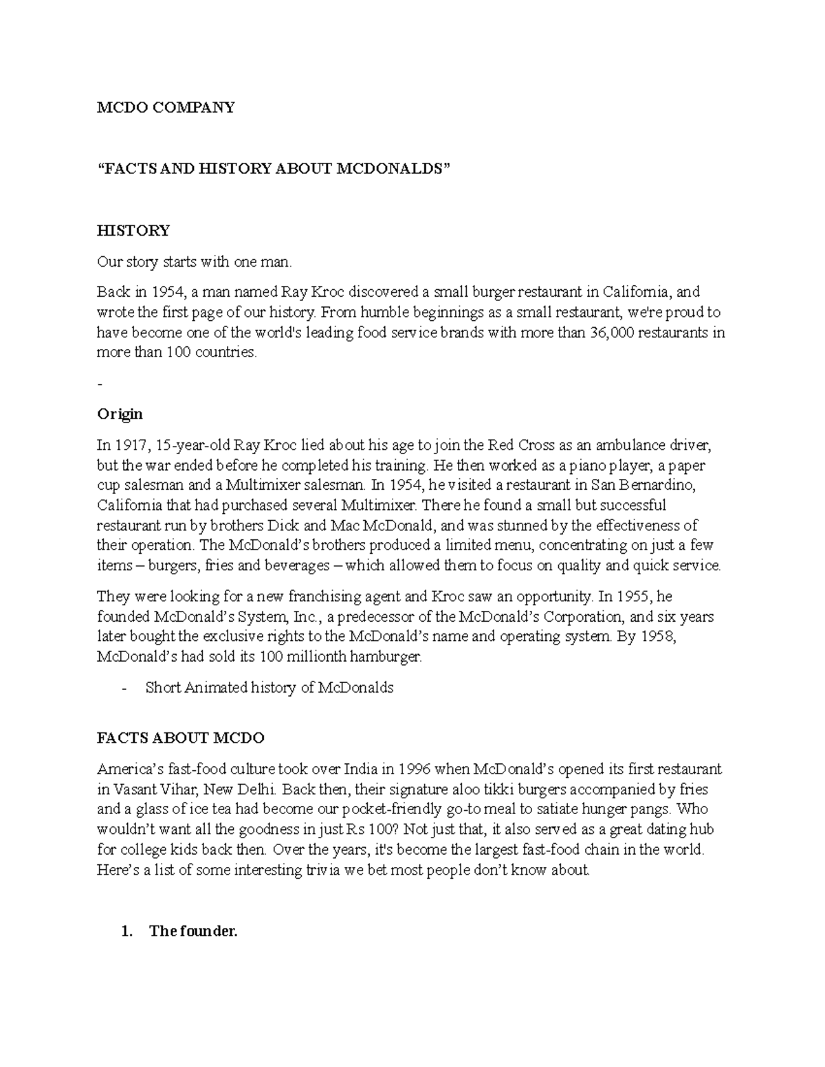 History AND Facts About MCDO Company - MCDO COMPANY “FACTS AND HISTORY ...