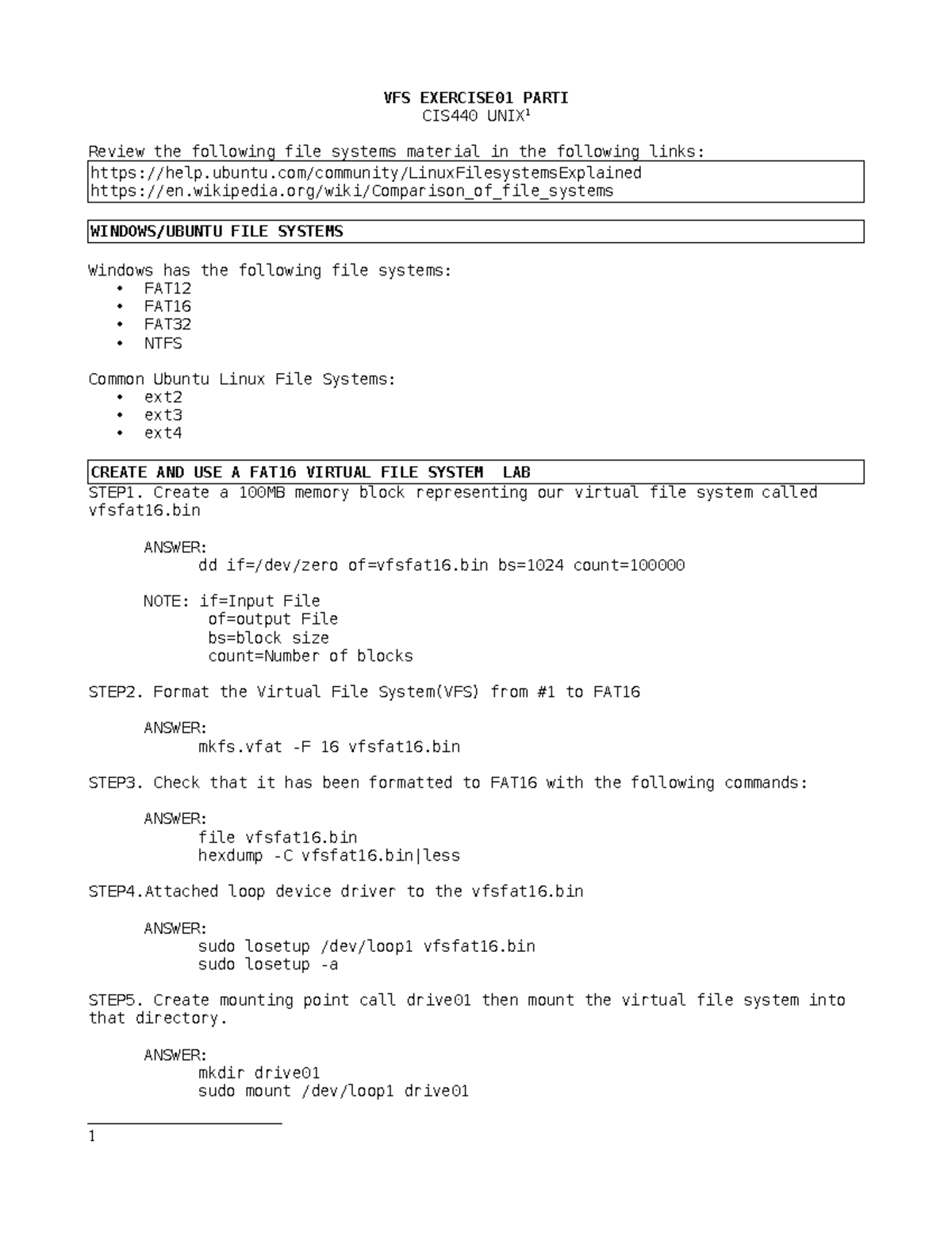 Vfsexercise 01 Virtual File System Management Vfs Exercise01 Parti Cis440 Unix1 Review The