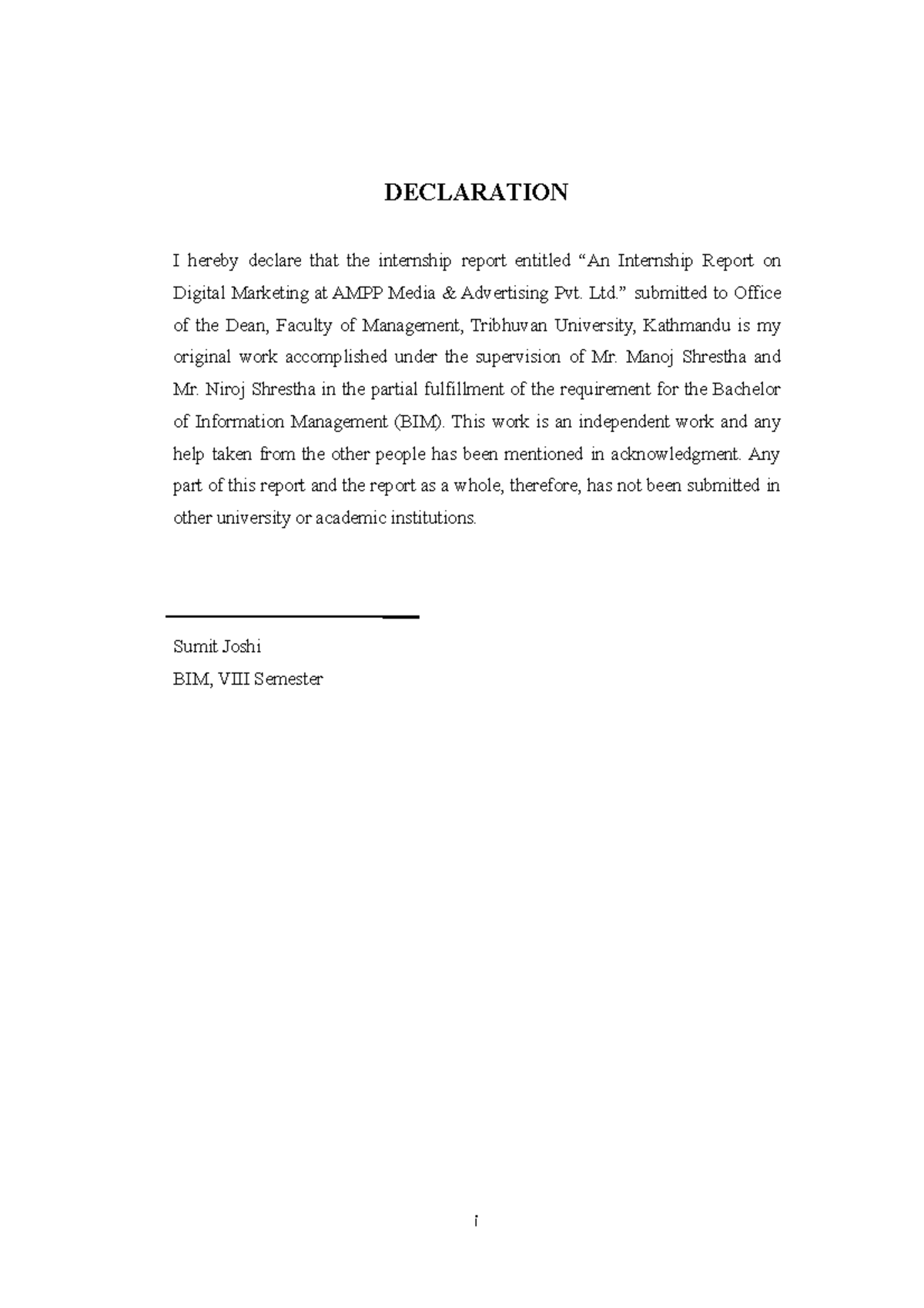 Sumit- Final - DECLARATION I hereby declare that the internship report ...