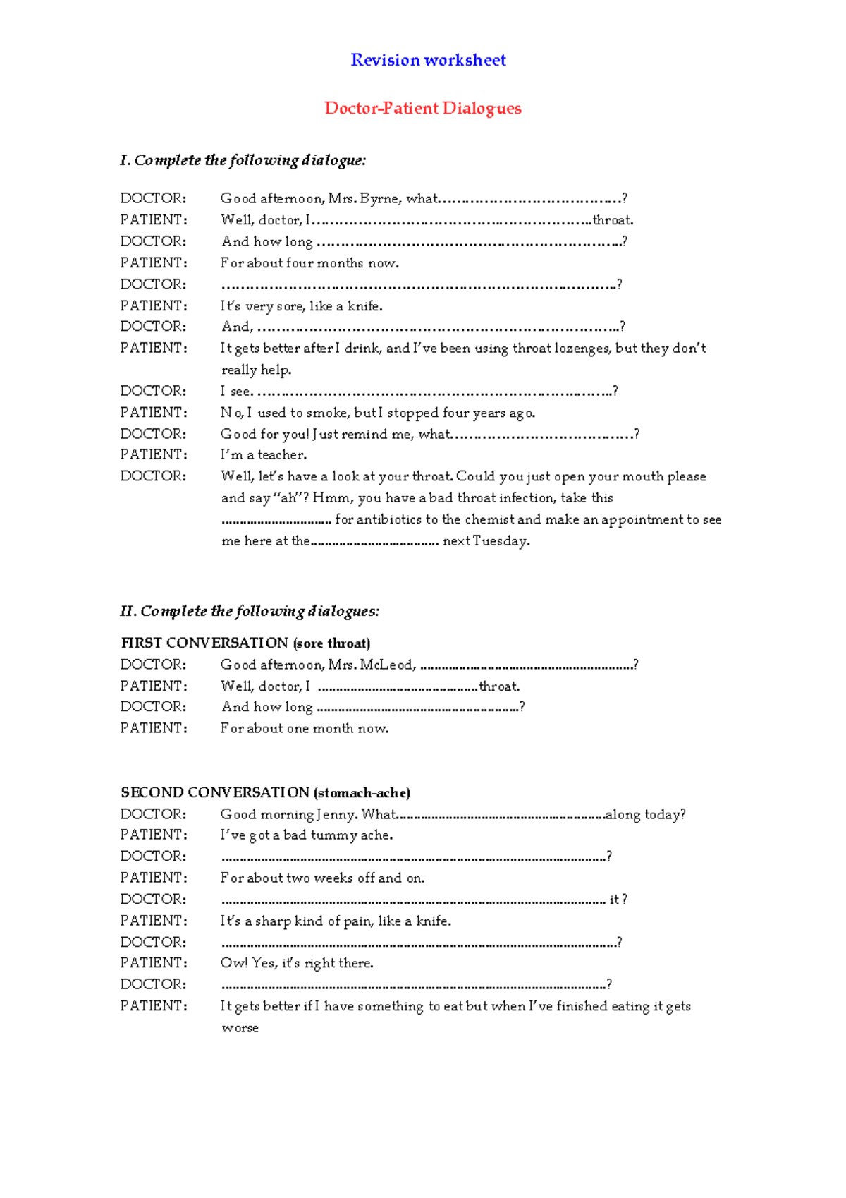 Revision 4 Dialogues, Professions, Treatment, Comprehension 2023-24 ...