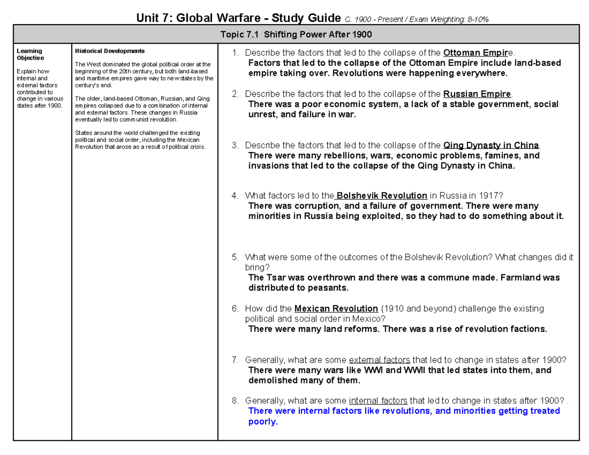 Unit 7 Study Guide - Unit 7: Global Warfare - Study Guide C. 1900 - Present / Exam Weighting: 8 ...