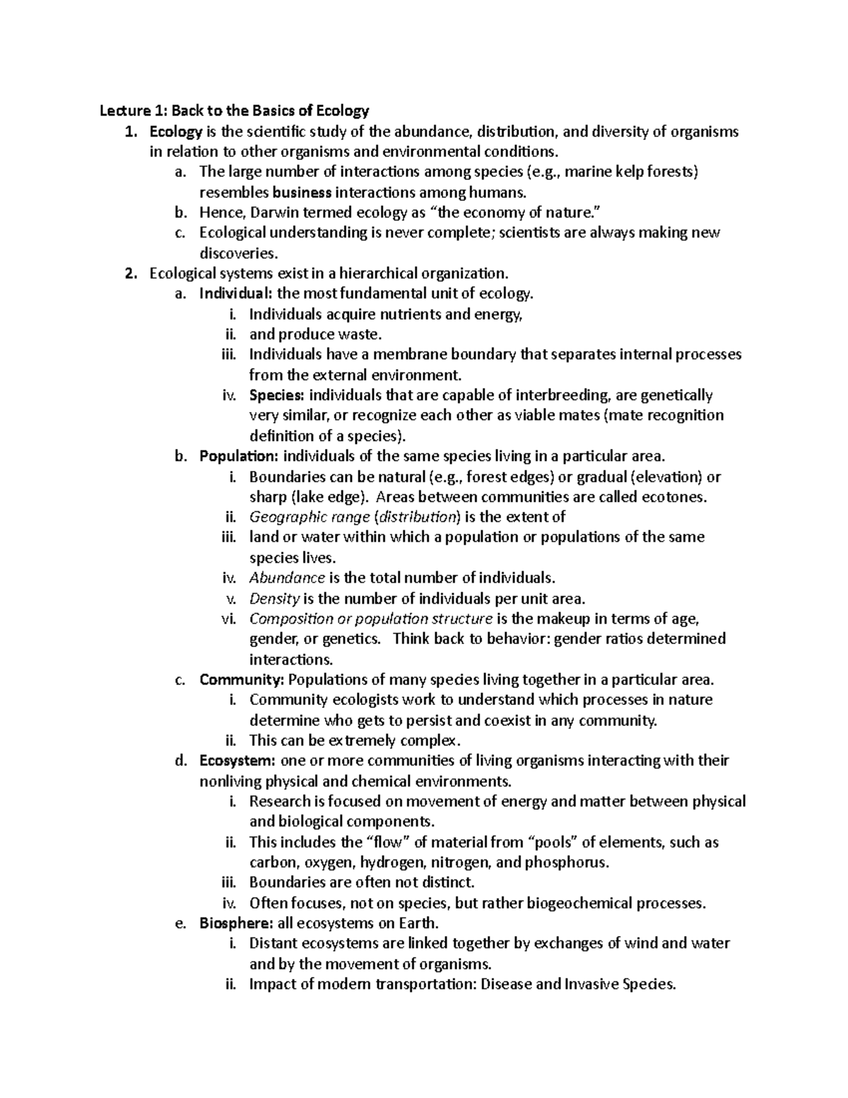 Chapter 1 - lecture notes - Lecture 1: Back to the Basics of Ecology 1 ...