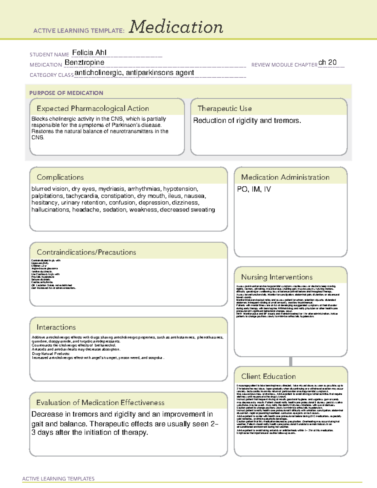 Benztropine - drug cards - ACTIVE LEARNING TEMPLATES Medication STUDENT ...