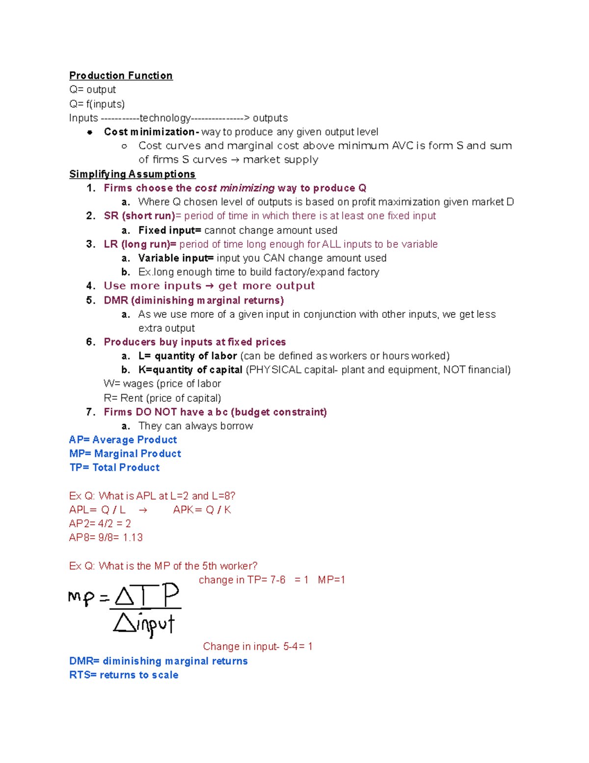 microecon 3140 Exam 3 study guide - Production Function Q= output Q= f ...