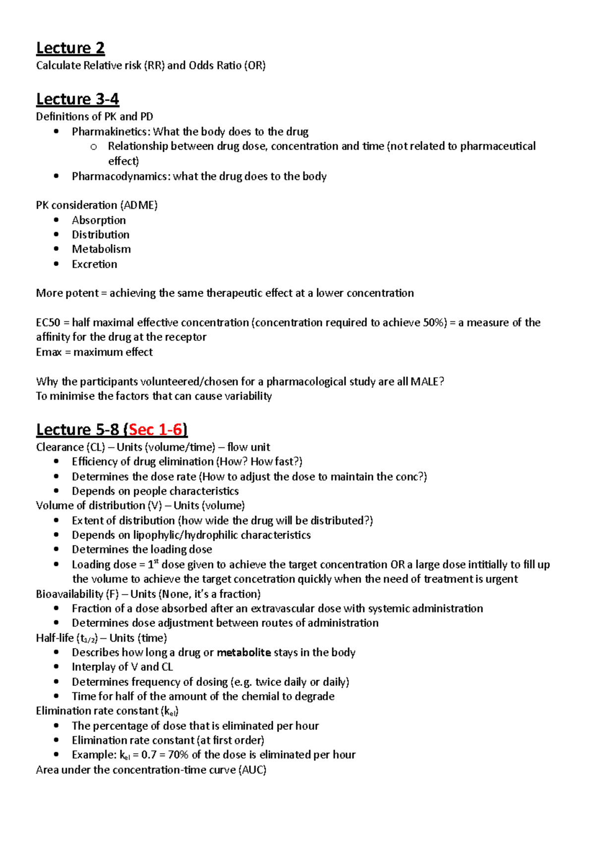 Summary of 2813 L2 to L21 - Lecture 2 Calculate Relative risk (RR) and ...