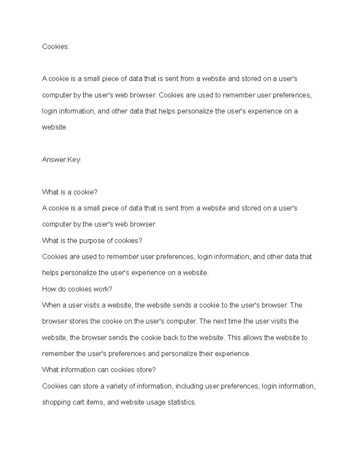 Answer Key comp sci cookies - Cookies: A cookie is a small piece of ...