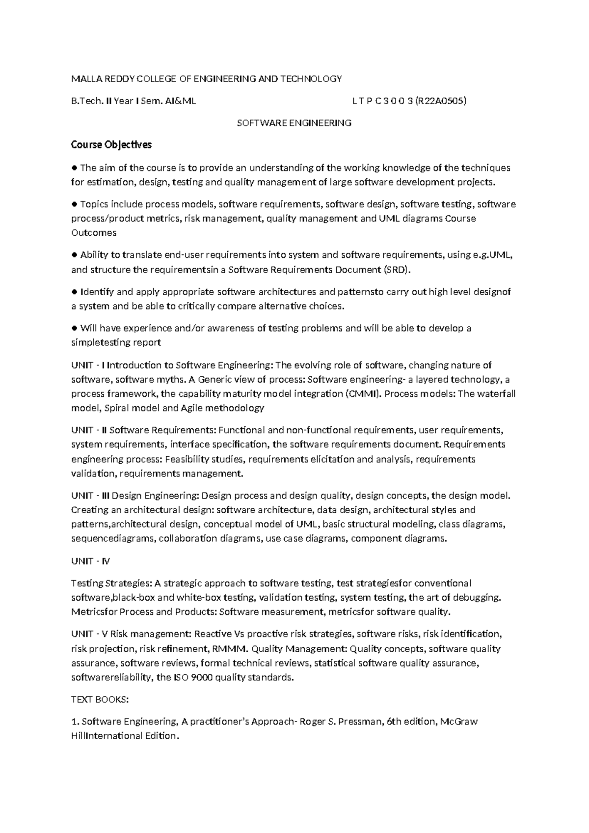 SE Syllabus - MALLA REDDY COLLEGE OF ENGINEERING AND TECHNOLOGY B. II ...