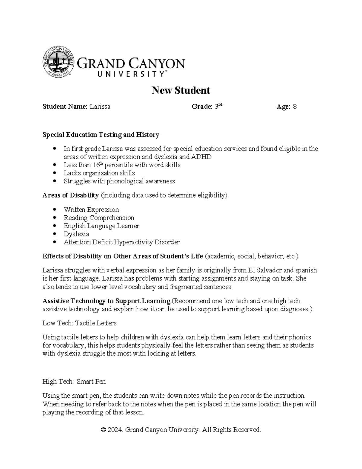 SPD-200 Benchmark - New Student Student Name: Larissa Grade: 3 rd Age ...