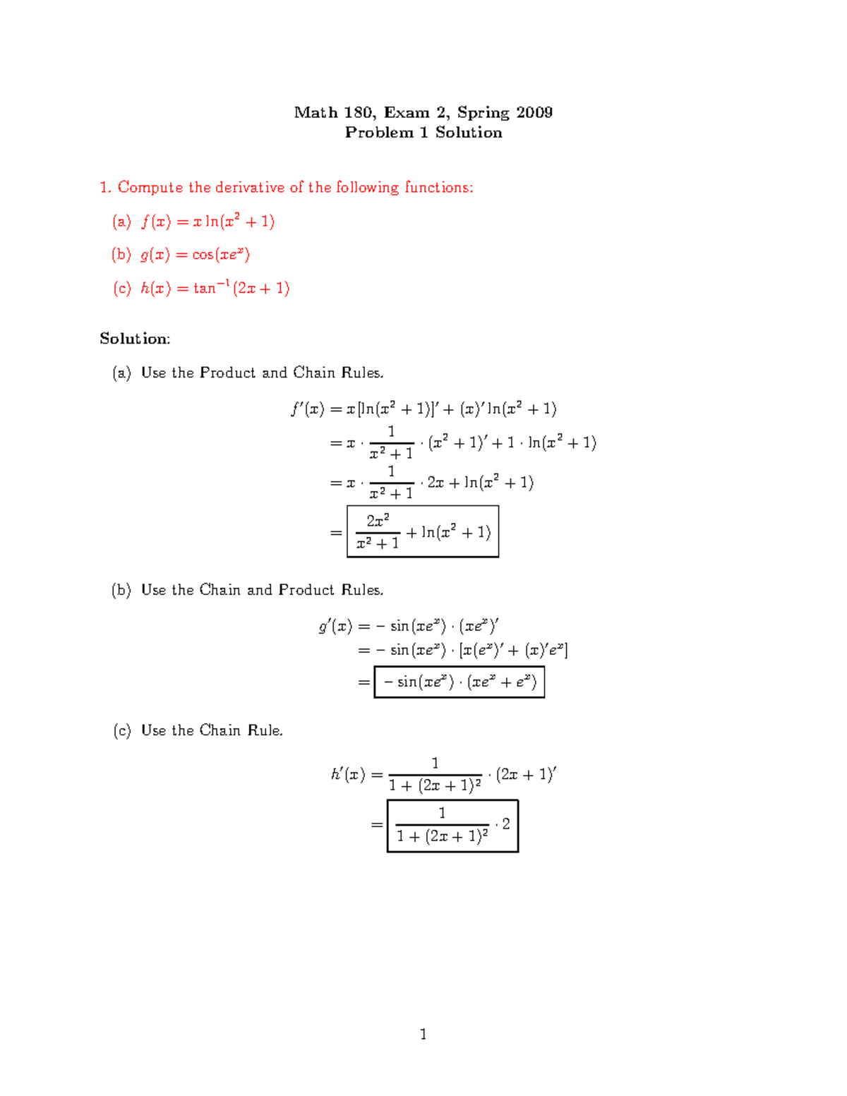 Good for practice for final math 203 - Math 180, Exam 2, Spring 2009 ...